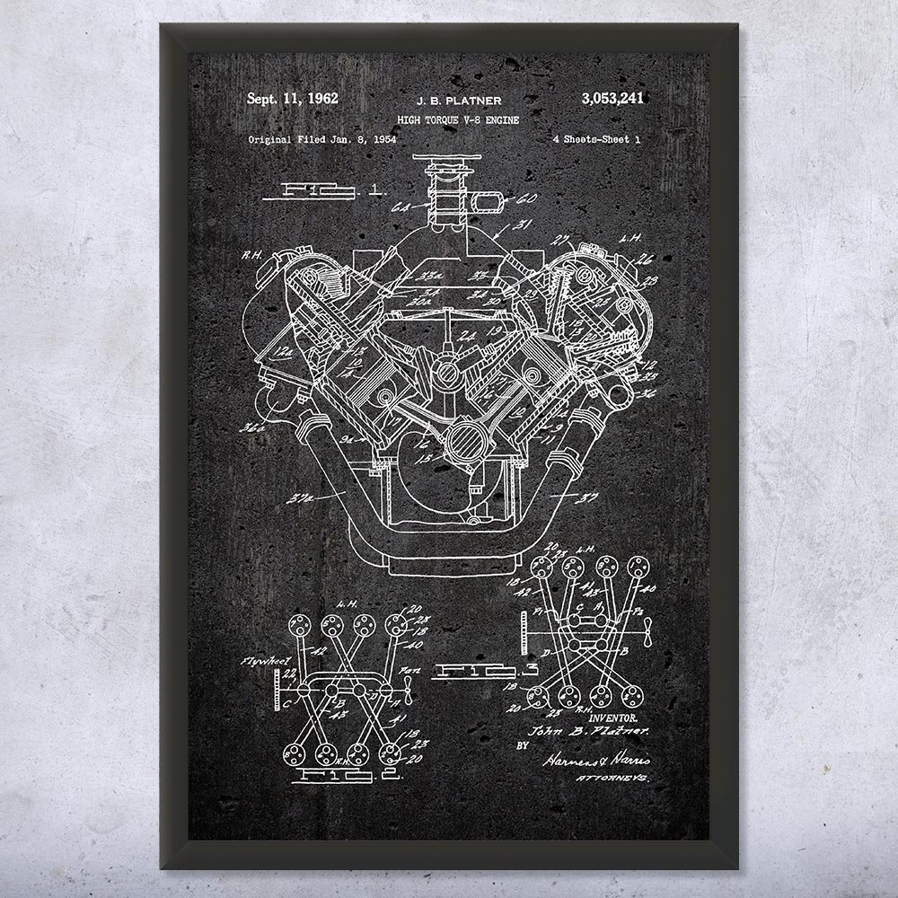 V8 Engine Patent Wall Art Poster, Canvas or Framed Muscle Car Art ...