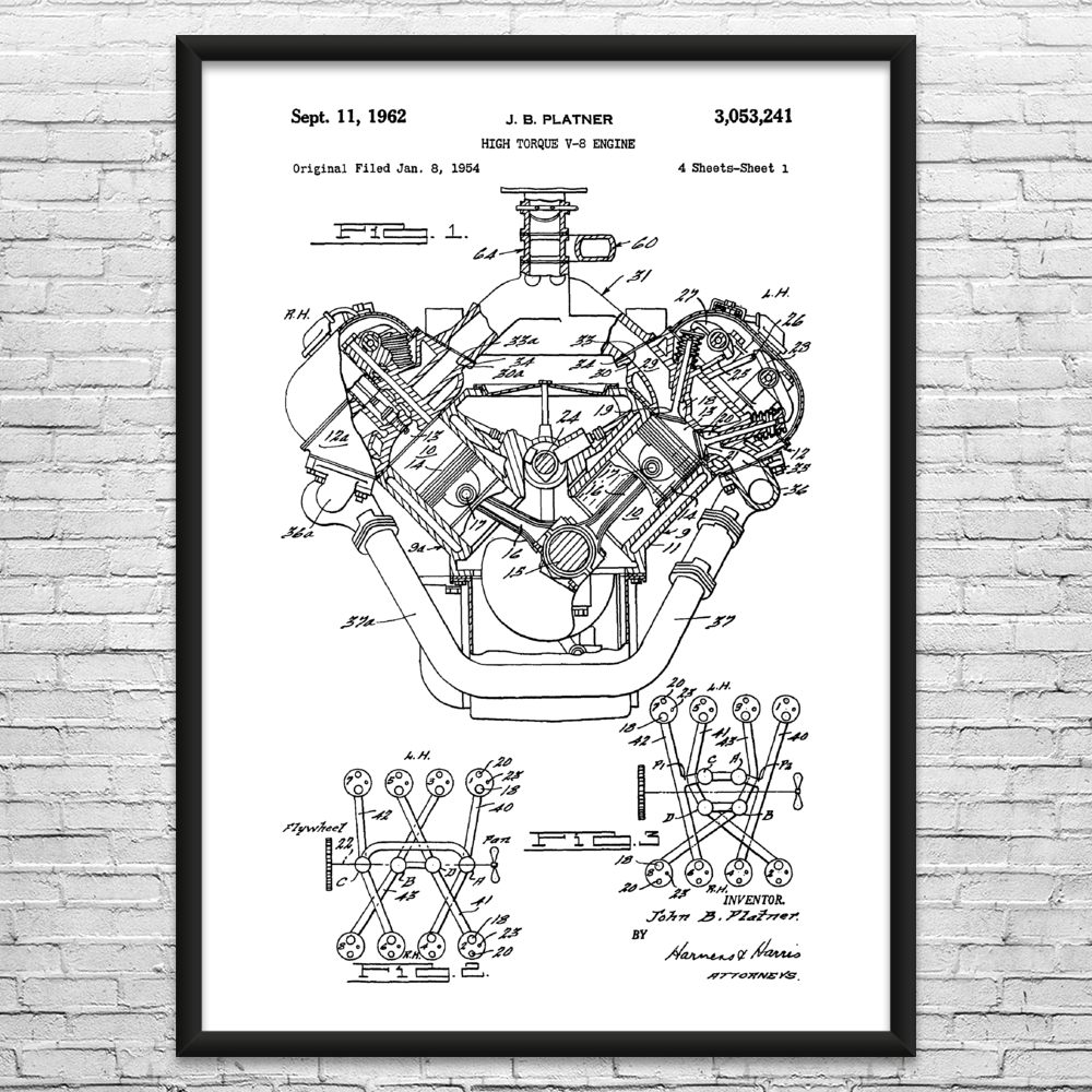 V8 Engine Patent Wall Art: Muscle Car Art, Hemispherical, Engine ...