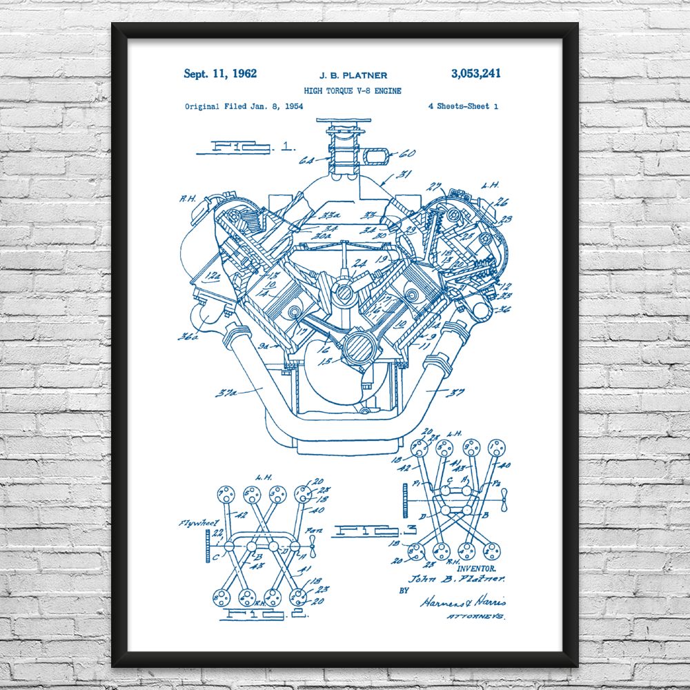 V8 Engine Patent Wall Art: Muscle Car Art, Hemispherical, Engine ...